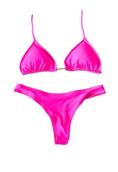 Biquíni Cortininha Pink Liso Calcinha Fio Dental Multmix Conjunto