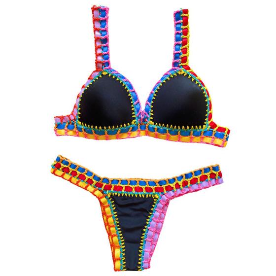 Biquíni Crochê Com Bojo Tendência Verão Moda Praia Preto Colorido ...