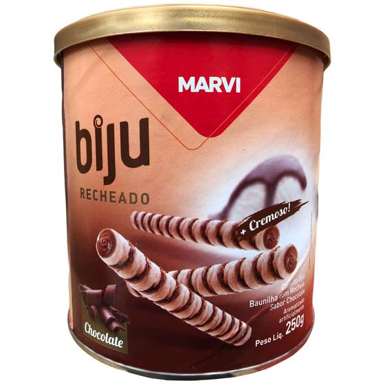 Biscoito Canudo Biju Recheado de Chocolate Lata 250g Marvi - Biscoito ...