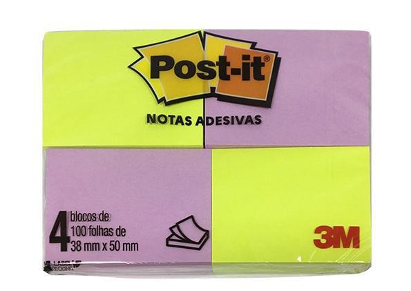 Bloco nota adesiva POST-IT 38mm x 50mm 400 folhas Neon 3M - Bloco ...