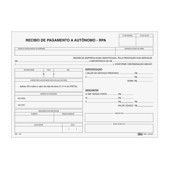 Bloco RPA - Recibo de Pagamento Autônomo São Domingos - Materiais de ...