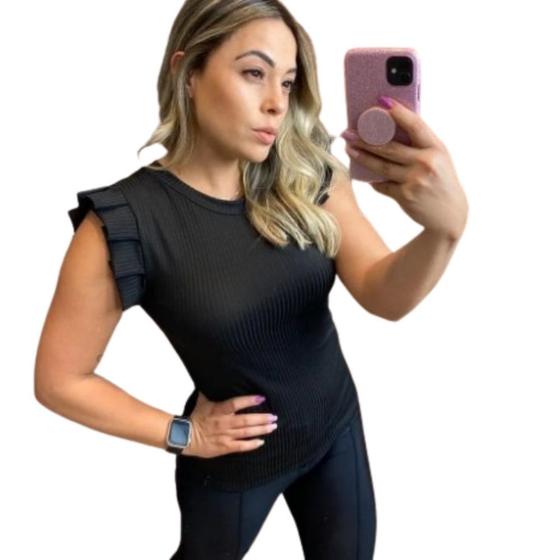 Blusa Preto Canelada Manga Babado Feminina Bufante Pregas - Allstate ...