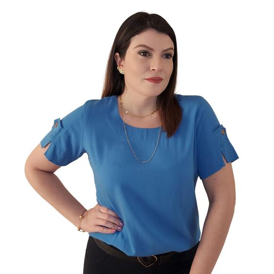 Blusa Social Feminina Manga Curta Detalhe Botão Tecido Viscolinho ...