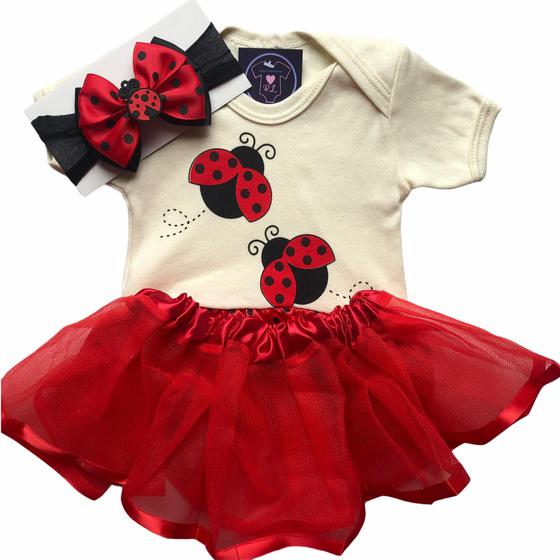 Body Bebe Menina Joaninha + Laço + Saia de Tule - Mesversário - RL BODY ...
