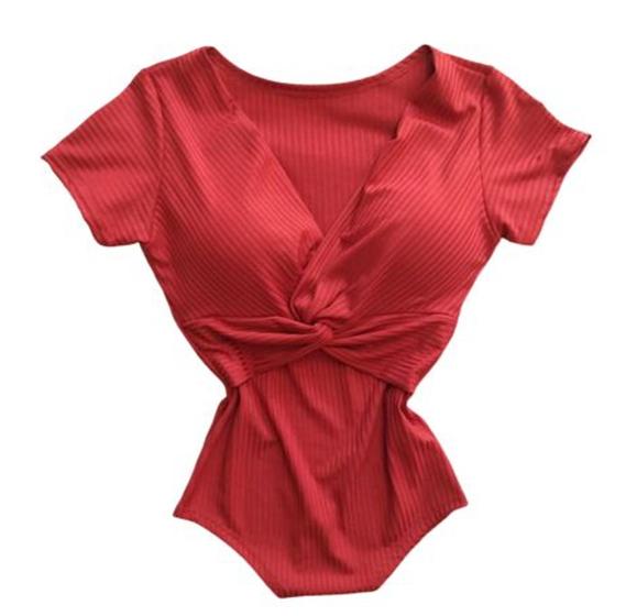 Body blusa feminino decote transpassado manga curta canelado tendência ...