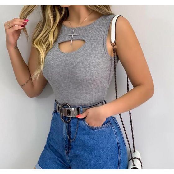 Body blusa tecido canelado feminino com bojo estilo regata com decote ...
