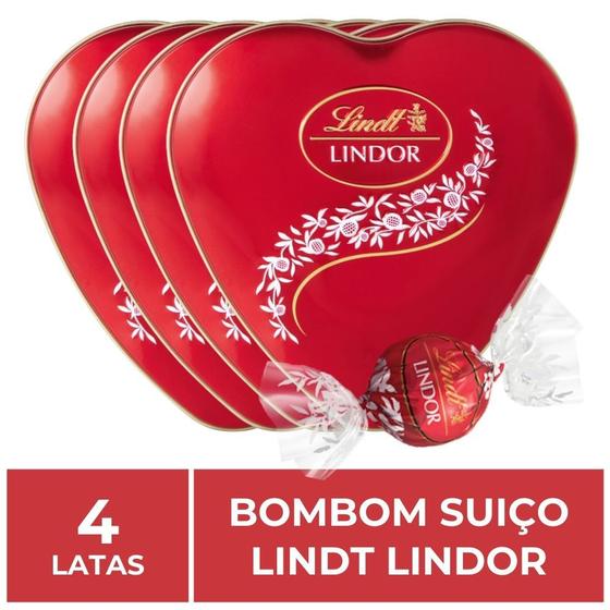 Bombom de Chocolate Suiço Lindt Lindor, 4 Latas Coração 50g - Bombom ...