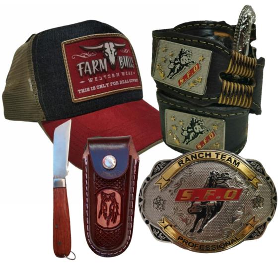 Boné + Fivela + Cinto + Bainha Com Canivete Kit Unissex Luxo - Selaria ...