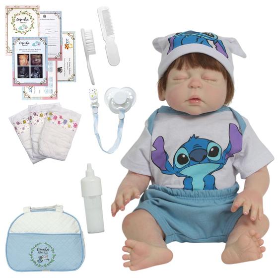 Boneco Bebê Reborn Menino Fio a Fio Enxoval Stitch Completo - Cegonha ...