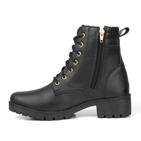 Bota Feminina Coturno Casual Militar Cano Curto Zíper Lateral Preta ...