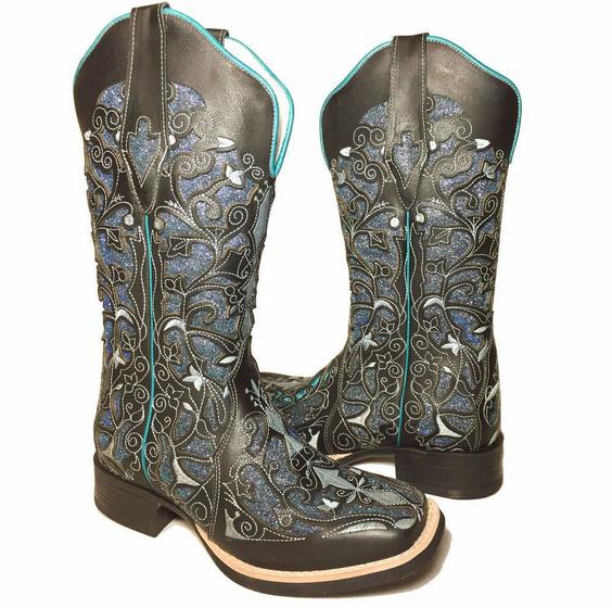 Bota Texana Feminina Total Laser Azul Bord Bico Quadrado - Bruto Botas ...