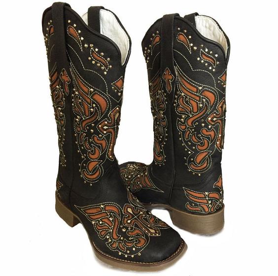 Bota Texana Feminina Total Laser Café Strass Bico Quadrado - Bruto ...
