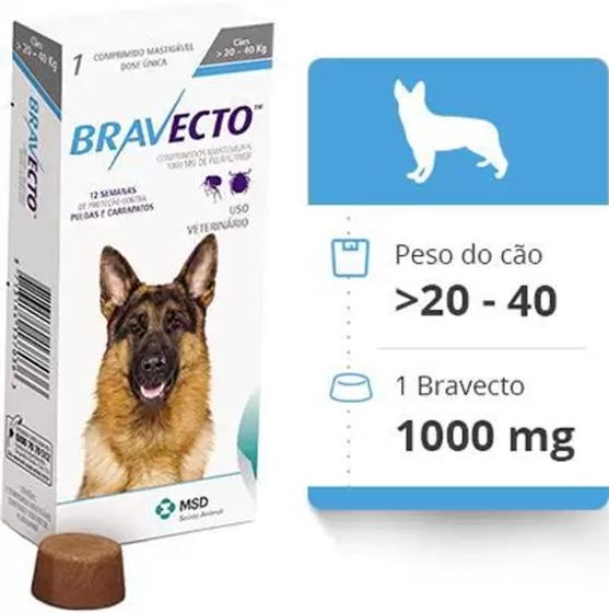 Bravecto 1000mg 20 a 40 kg - MSD - Antipulga e Carrapaticida - Magazine Luiza