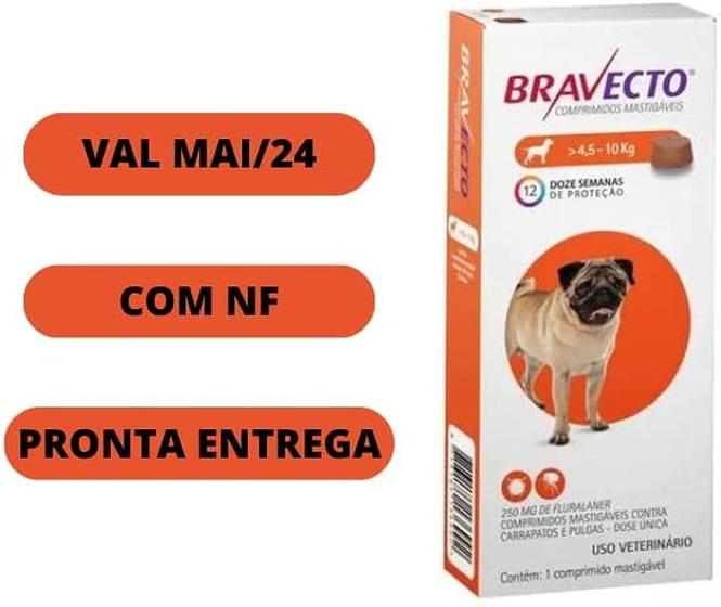 Bravecto 250mg para Cães De 4,5-10Kg - Antipulga e Carrapaticida ...