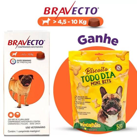 Bravecto Antipulgas e Carrapatos para Caes 4,5 a 10kg - 1 Comprimido +Biscoito Mini Bits ...