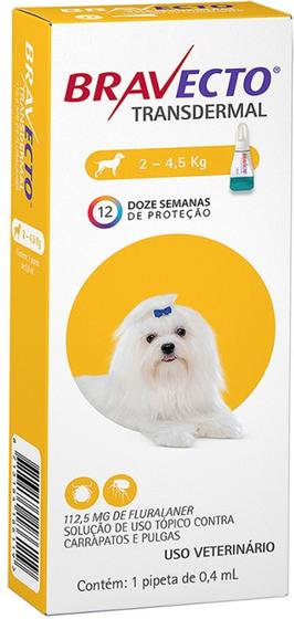 Bravecto Para Cães 2 A 4,5kg 112.5mg Antipulgas Transdermal - MSD SAUDE ANIMAL - Antipulga e ...
