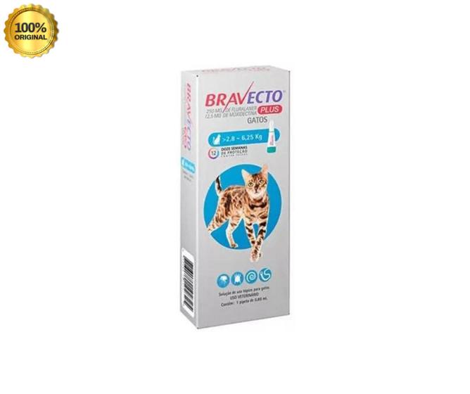 Bravecto Plus para Gatos de 2,8 a 6,25 kg Antipulgas e Carrapatos 250mg - MSD - Antipulga e ...