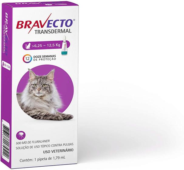 Bravecto Transdermal Gatos de 6,25 a 12,5 Kg - 500 mg - MSD - Antipulga e Carrapaticida ...