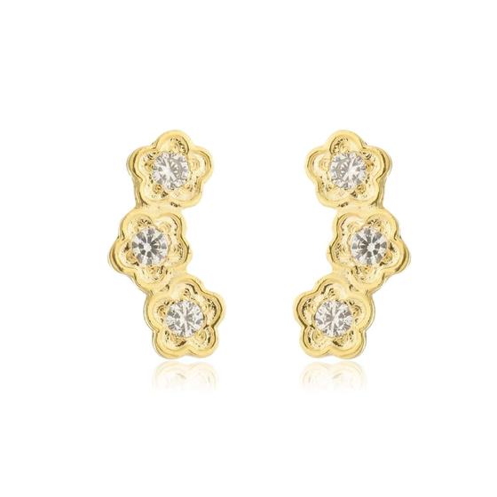Brinco Ear Cuff 3 Flores Cravejado Zircônia Banhado a Ouro 18k - Work ...