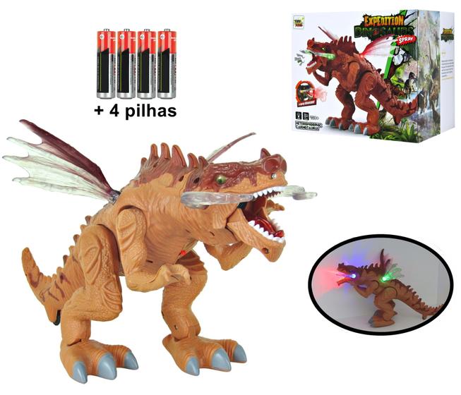 Brinquedo Dragão Dinossauro Luz Som Solta Fumaça Anda 4 Pilhas Toy
