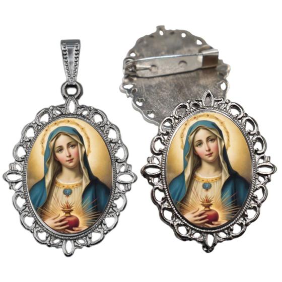 Broche com Relicario Cor Prata Virgem Maria Terno Noivo lapela ...