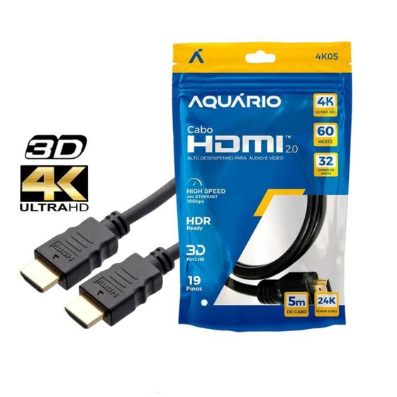 Cabo HDMI 5 Metros Blindado 2.0 19 Pinos 3D 24K Ponta Ouro - Aquário - Cabo HDMI - Magazine Luiza