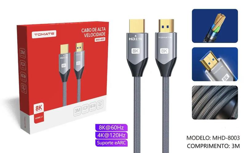 Cabo Hdmi 8k 3 Metros Blindado Versão 2.1 Conector Folheado A Ouro Tomate MHD-8003 - Cabo HDMI ...
