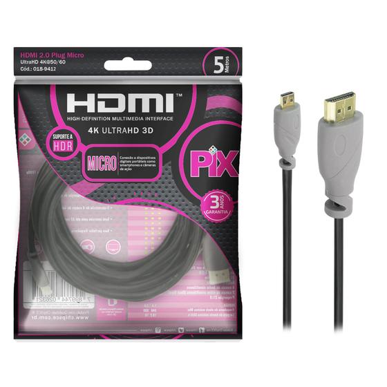 Cabo Micro HDMI X HDMI 2.0 Ultra HD 4K 3D HDR 5 Metros Pix - Cabo de ...