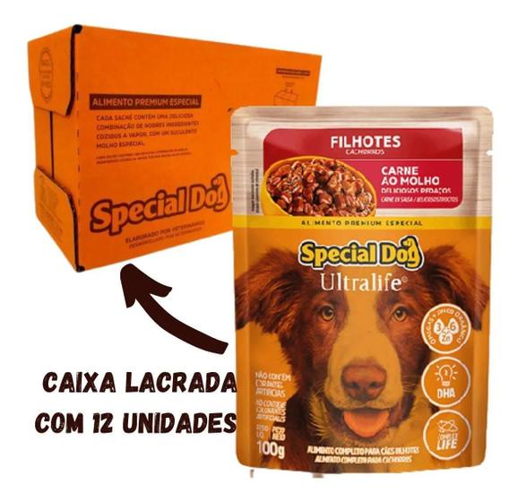 Caixa 12un Ração Úmida Special Dog Sache Filhote Carne 100G - Outros ...