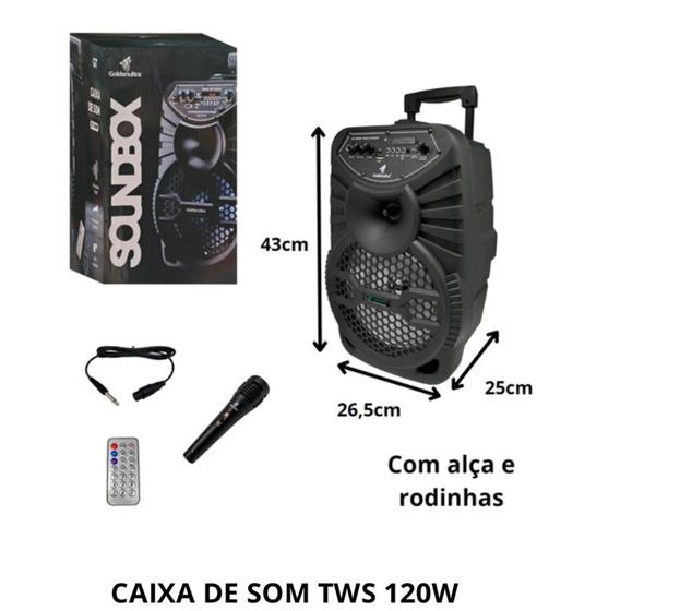 Caixa de som 120Rms, grande 43 cm, Rodinhas, alça Rádio FM Bluetooth ...