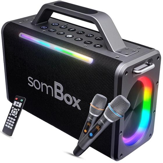 Caixa De Som Potente 200W RMS Bluetooth prova D'água Karaokê Microfone Duplo Controle Som 360 ...