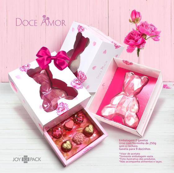 Caixa duas gavetas para urso lapidado 200g e 9 docinhos - doce amor - c/10 un - Joypack - Caixa ...