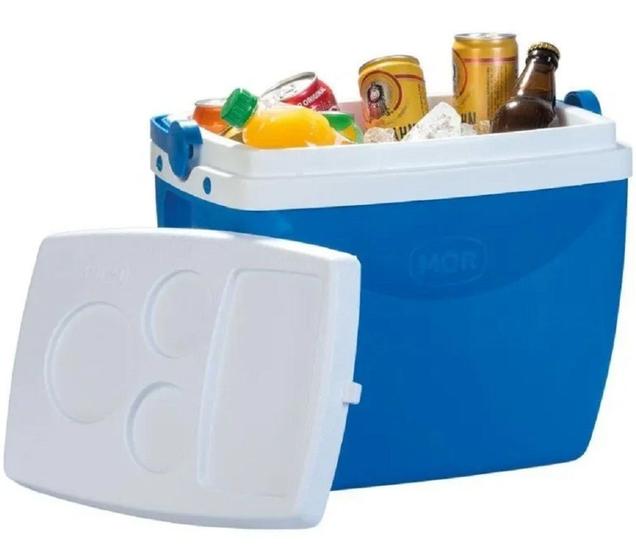 caixa térmica mor 34 litros azul capacidade para 50 latas com alça ...