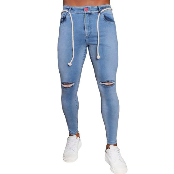 Calça Jeans Clara Super Skinny Rasgada No Joelho Com Cordão - CODI ...