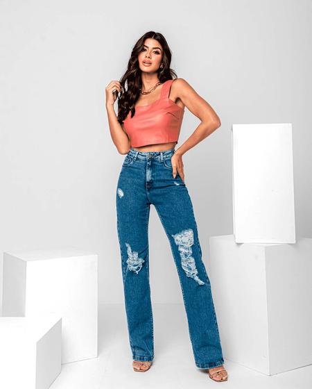 Calça Jeans Wide Leg Feminina Cintura Alta Rasgos 22666 Média ...