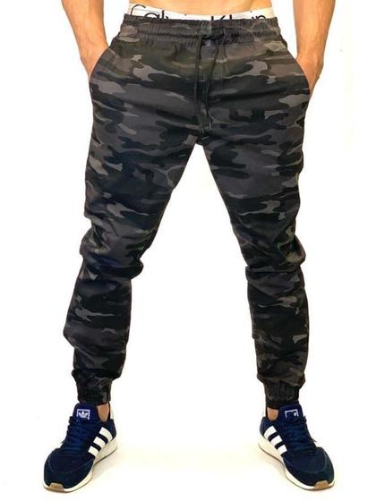Calça Jogger Masculina Jeans Rasgado Slim Em Sarja Camuflado Com