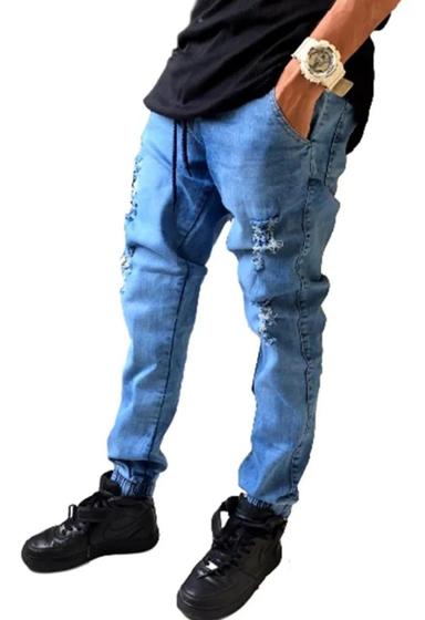Calça Jogger Masculina Jeans Rasgado Slim Em Sarja Camuflado Com