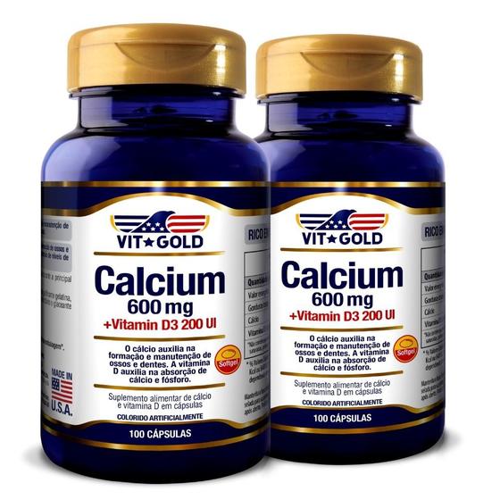 Cálcio 600 mg com Vit. D3 Vitgold Kit2x 100 Cápsulas - Cálcio ...