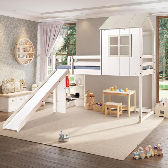 Cama Alta Infantil Cabana Family com Escorregador e Estante Branco/Off ...