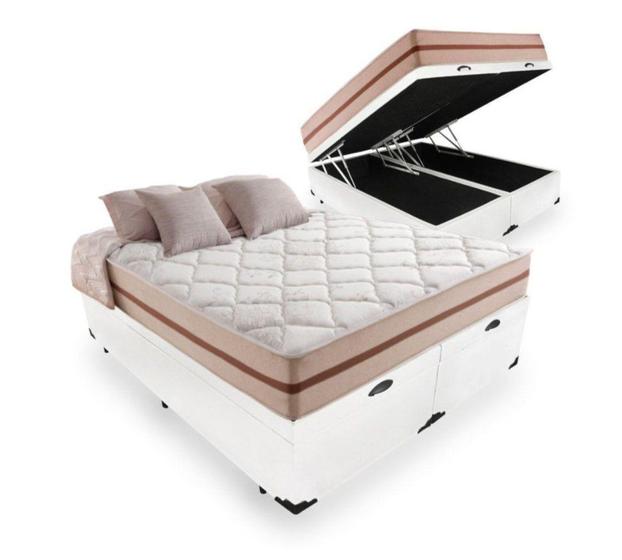 Cama Box Baú Queen Bipartido Tecido Sintético Branco com Colchão Pillow ...