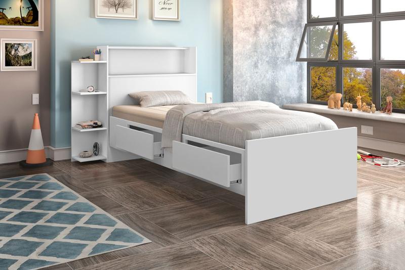 cama multifuncional solteiro com gaveta bau e prateleira lateral branca ...