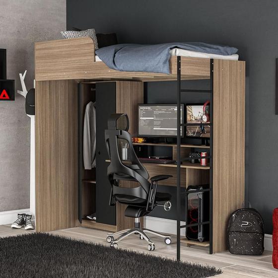 Cama Solteiro Multiuso Roupeiro 1 Prateleira Mesa Gamer 3 Nichos ...