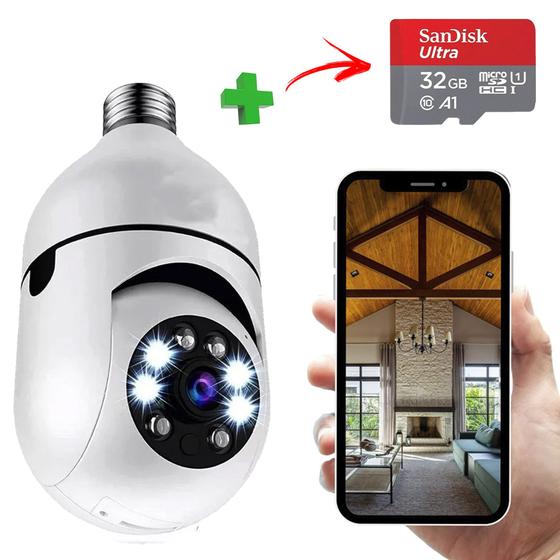 Câmera Giratória 360 IP Wifi Lâmpada + Cartão Memória 32gb - mini ...