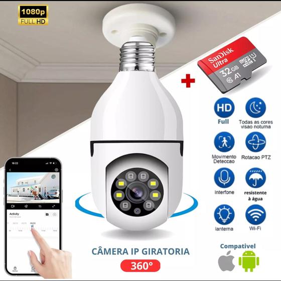 Câmera Ip 360 Giratória Wifi Lâmpada +cartão De Memória 32gb - Afc ...