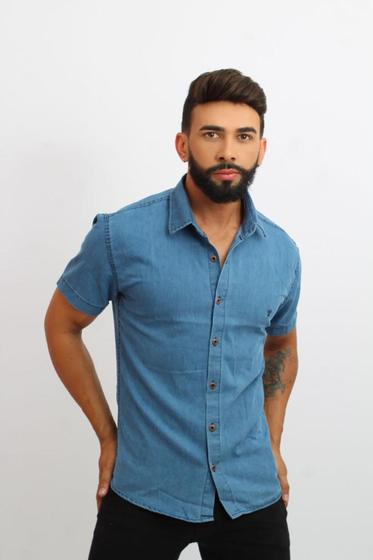 Camisa Masculina Jeans slim Fit Manga curta Premium - Sergio Pinheiro ...