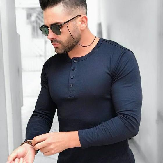 Camiseta HENLEY Masculina Slim Fit Manga Longa J SILVER - PRETA / AZUL ...
