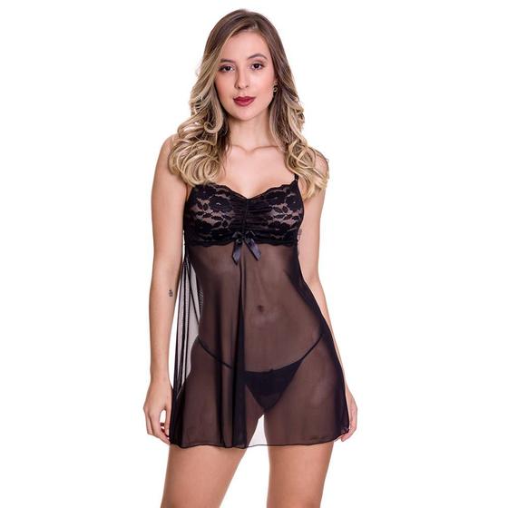 Camisola Transparente em Tule e Renda Sem Bojo Estilo Sedutor - GL271 - Camisola Feminina ...