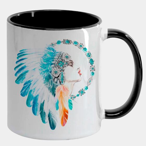 Caneca Branca Interna Preta de Porcelana 325ml INDIA PENACHO AZUL ARTE ...