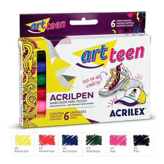 Caneta Para Tecido Acrilpen Kit C/ 6 Cores Art Teen Acrilex - Caneta ...