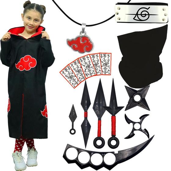 Capa Manto Akatsuki Infantil + Colar Nuvem Vermelha + 9 pçs - Naruto ...